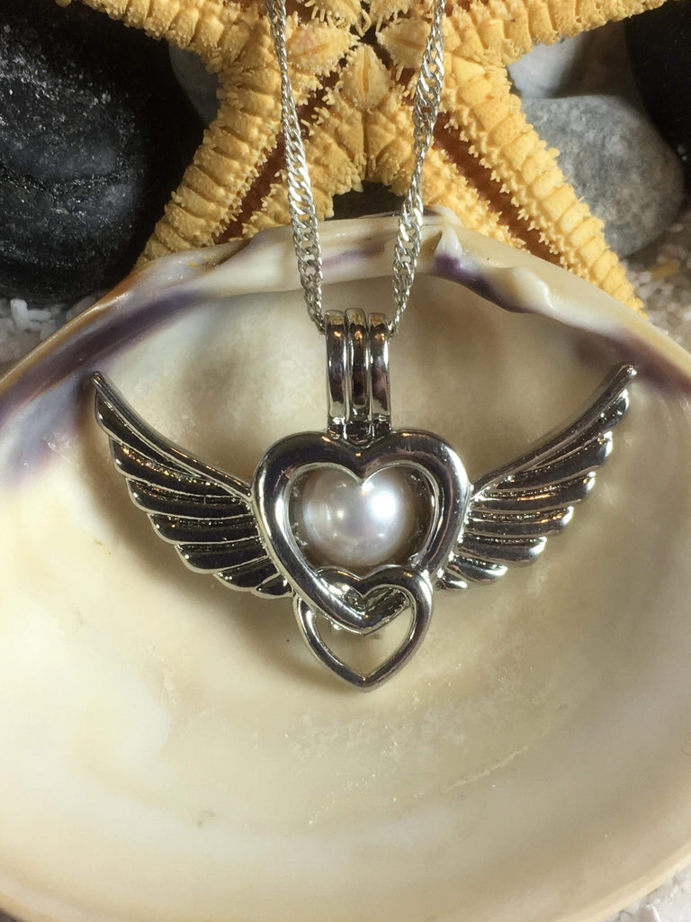 Double Heart With Angel Wings Cage Pendant – Pearl Party Fun With Kory